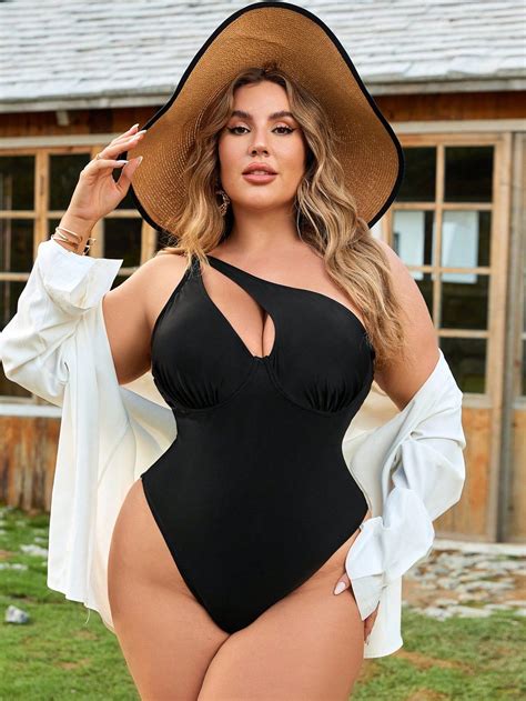 Plus Size Summer Beach Solid Color Hollow Out One Shoulder One Piece