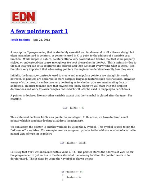 A Few Pointers Part 1 Jacob Beningo Edn Pdf Pointer Computer Programming Data