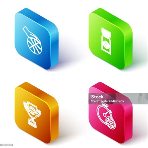 농구공 농구 게임 티켓 어워드 컵 및 스톱워치 아이콘과 함께 Isometric 라인 핸드를 설정합니다 벡터 1위에 대한 스톡