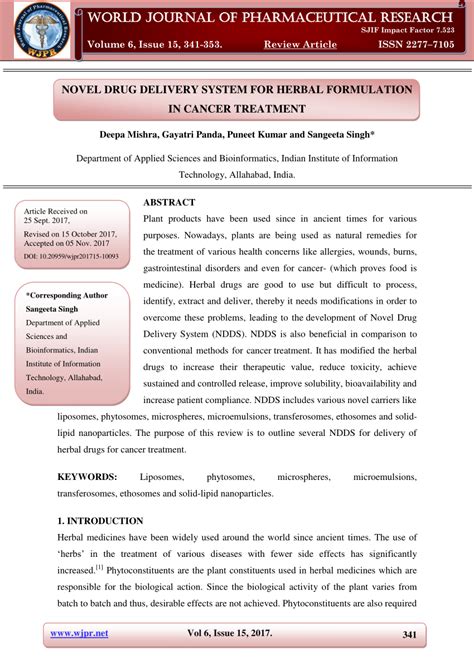 Pdf Novel Drug Delivery System For Herbal Formulation In Cancer Treatment