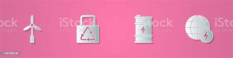 종이 컷 풍력 터빈 재활용 종이 봉지 바이오 연료 배럴 및 글로벌 에너지 전력 행성 아이콘을 설정합니다 종이 아트 스타일 벡터 3차원 형태에 대한 스톡 벡터 아트 및 기타