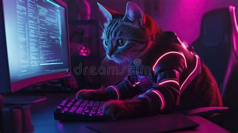 Cute Cat In A Cyber Suit Programming On A Computer Stock Illustration
