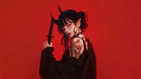6922b Anime Girl Red Eyes Demon Horn Katana 8k Wallpaper 4k Hd