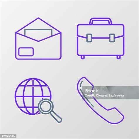 회선 전화 송수화기 지구본이 있는 돋보기 서류 가방 및 봉투 아이콘을 설정합니다 벡터 가방에 대한 스톡 벡터 아트 및 기타 이미지 가방 검색 다중 색상 Istock