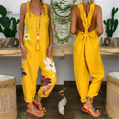 Купити Жіночий комбінезон без рукавів вільний комбінезон із квітковим принтом без спинки Joom