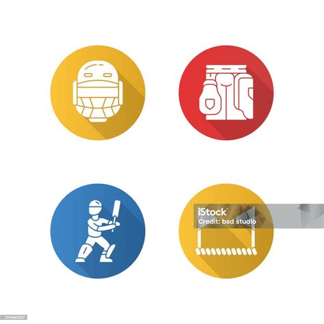 크리켓 챔피언십 플랫 디자인 롱 섀도우 글리프 아이콘 세트 스포츠 토너먼트 헬멧 허벅지 가드 배트맨 경계 로프 대회 준비 및 훈련 벡터 실루엣 일러스트레이션