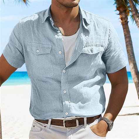 Mens Shirt Linen Shirt Summer Shirt Beach Shirt Solid Color Vacation