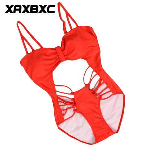 Xaxbxc 2018 Summer Solid Backless Bandage Hollow Out Padded Sexy One Piece Suit Monokini