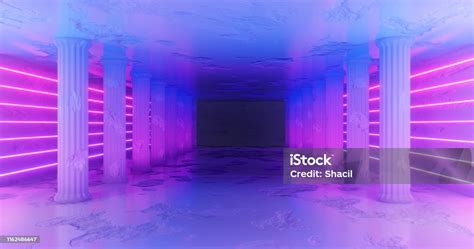 3d 렌더링 벽을 따라 파란색과 분홍색 네온 줄무늬가있는 손상된 기둥이있는 대리석 복도 네온 빛 가정의 방에 대한 스톡 사진 및 기타 이미지 Istock