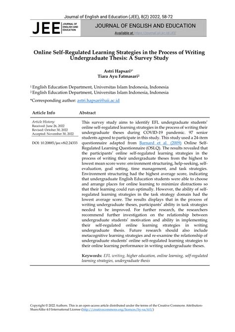 Pdf Online Self Regulated Learning Strategies In The Process Of Writing Undergraduate Thesis