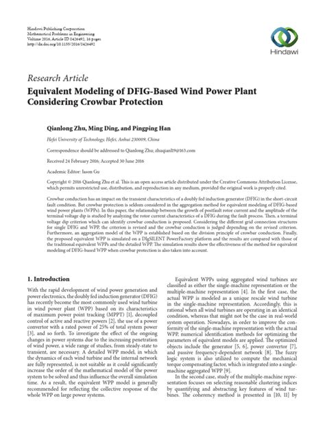 2016 Equivalent Modeling Of Dfig Based Wind Power Plant Considering Crowbar Protection Pdf