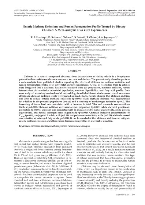 Pdf Enteric Methane Emissions And Rumen Fermentation Profile Treated By Dietary Chitosan A