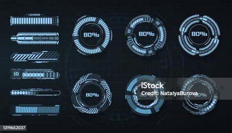 미래 요소 로딩 막대 다운로드 로딩 업로드 게임 Gui Ui에 대한 타임 라인 어두운 배경에서 격리된 직선 및 원형 적재 축척