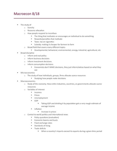 Macroecon 818 Lecture Notes Macroecon 8 The Study Of O Scarcity O Resource Allocation O How