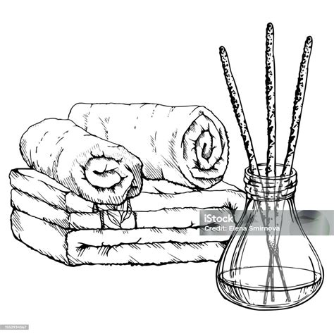 손으로 그린 벡터 잉크 스파 스킨 케어 수건 목욕 미용 제품 패키지 수평 구성 흰색 배경에 격리되어 있습니다 벽 예술 웰빙 리조트 인쇄 직물 표지 카드 소책자 디자인