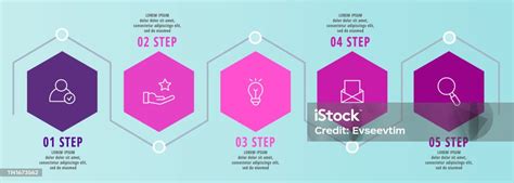 현대 벡터 평면 그림 타임 라인입니다 5 개의 육각형 요소가 있는 인포 그래픽 템플릿입니다 비즈니스 프리젠테이션 웹 디자인 워크플로우 레이아웃을 위한 5 단계로 구성 된