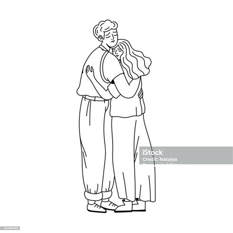 삶의 어려운 순간에 지원의 개념 여성과 남성은 서로 포옹합니다 사랑하는 사람을 돌보고 부드러움을 보여줍니다 낙서 스타일 손으로 그린 벡터 일러스트레이션 모든 요소가