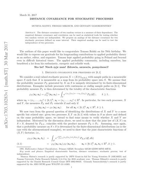 Pdf Distance Covariance For Stochastic Processes Pdf Distance Covariance For Stochastic Processes