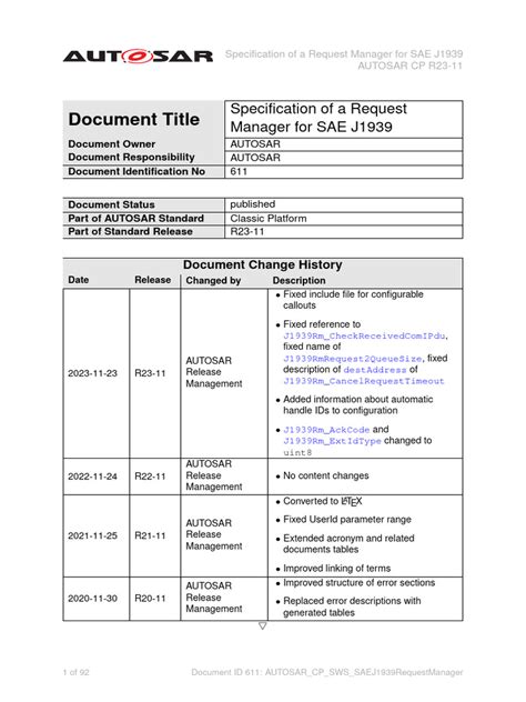 Autosar Cp Sws Saej1939requestmanager Pdf Specification Technical Standard Component