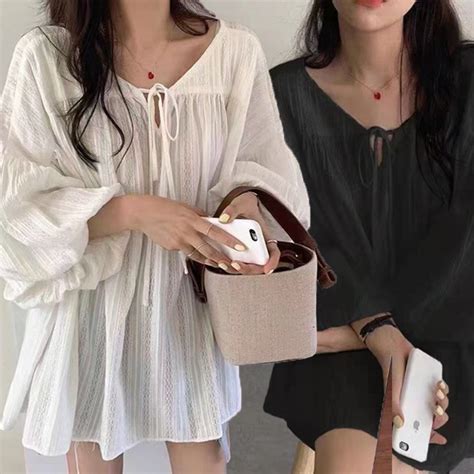 볼륨 셔링 퍼프 드랍어깨 리본 꾸안꾸 시스루 말라보이는 편안한 아사면 롱 블라우스