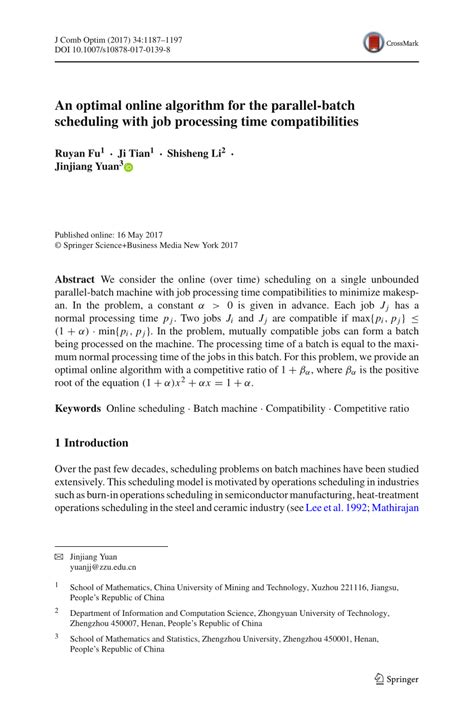 pdf an optimal online algorithm for the parallel batch scheduling with job processing time