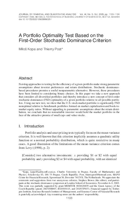 Pdf A Portfolio Optimality Test Based On The First Order Stochastic Dominance Criterion