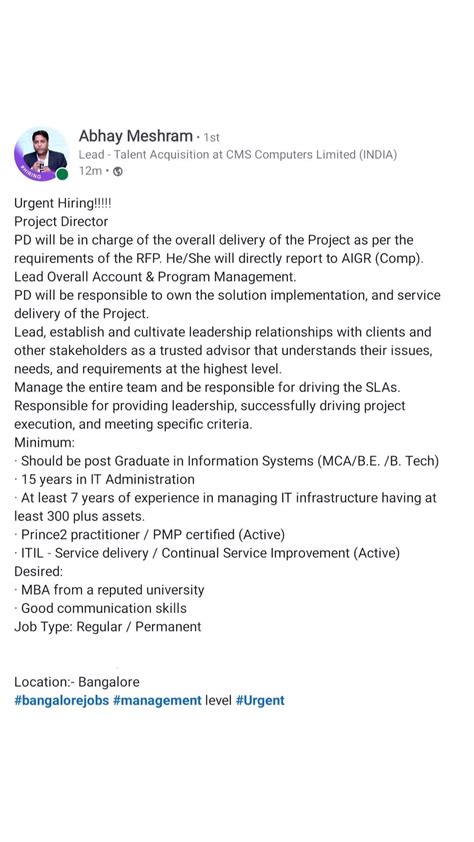 Saurav Patil On Linkedin Hiring Project Projectdirector Bengalurujobs Bangalorejobs