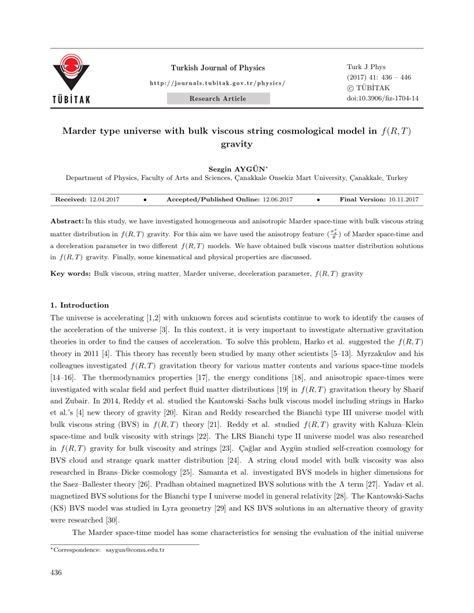 Pdf Marder Type Universe With Bulk Viscous String Cosmological Model In F R T Gravity