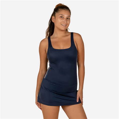 Womens Heva 1 Piece Swimsuit With Skirt Navy Stripes Decathlon