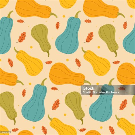 흰색 배경에 평평한 스타일의 잎이 있는 완벽 한 패턴 호박 계절 가을 배경 직물 카드 메모장 벡터 일러스트 레이 션 11월에 대한 스톡 벡터 아트 및 기타 이미지 Istock