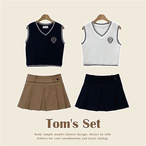 프레피룩set 하이틴 무드 뉴진스 아이브st 레트로 빈티지 스쿨룩 슬림핏 배색 크롭 니트 조끼 베스트 미니 플리츠 스커트 투피스 셋업 톰즈세트
