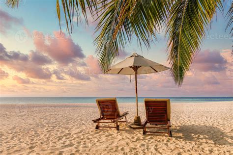 Amazing Sunset Beach Romantic Couple Chairs Umbrella Tranquil