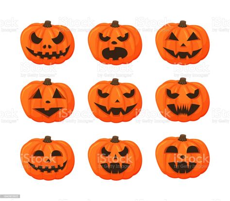세트 만화 할로윈 호박 무서운 미소 귀여운 빛나는 얼굴을 조각 오렌지 호박 장식 은 야채 또는 휴일을 Gourd 흰색 배경에 벡터 격리 된 그림입니다 10월에 대한 스톡