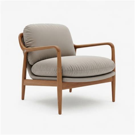 Modern Light Wood And Grey Fabric Armchair With Curved Armrests Stock