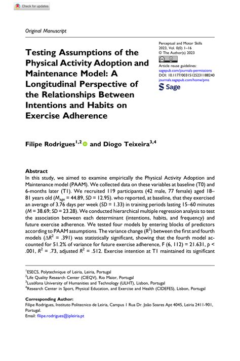 Pdf Testing Assumptions Of The Physical Activity Adoption And Maintenance Model A