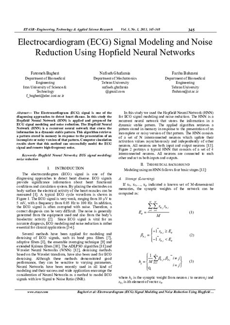Pdf Electrocardiogram Ecg Signal Modeling And Noise Reduction Using Hopfield Neural Networks