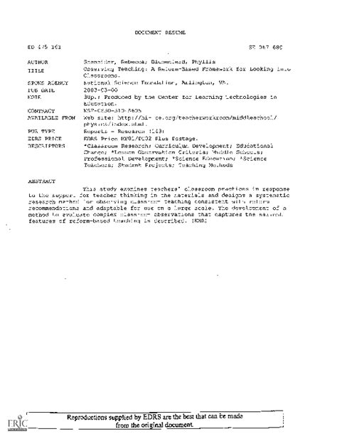 Pdf Observing Teaching A Reform Based Framework For Looking Into Classrooms