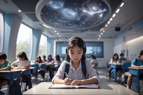 Premium Ai Image The Future Of Homework Virtual Assignments In Futuristic Classrooms