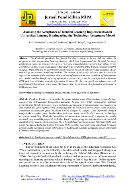 Pdf Assessing The Acceptance Of Blended Learning Implementation In Universitas Lancang Kuning