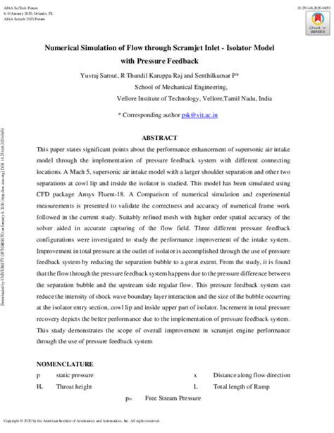 Pdf Numerical Simulation Of Flow Through Scramjet Inlet Isolator Model With Pressure Feedback