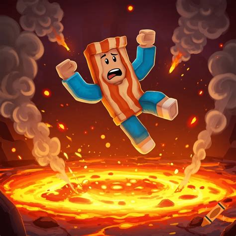 A Roblox Like Character In A Bacon Costume Falls Into A Swirling Pool Of Lava Under A Smoky