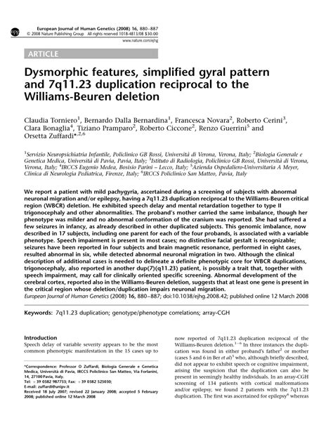 Pdf Dysmorphic Features Simplified Gyral Pattern And 7q11 23 Duplication Reciprocal To The