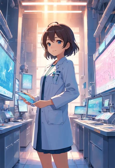 실험복을 입고 컴퓨터 앞에 서있는 여자 Seaart Ai