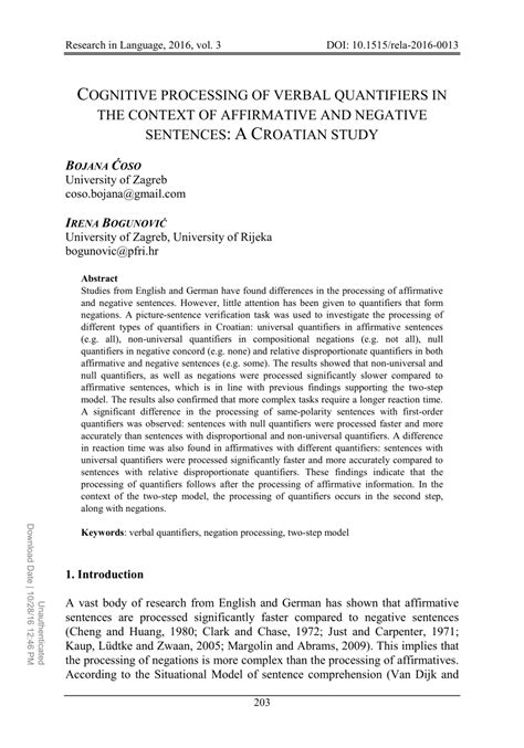 Pdf Cognitive Processing Of Verbal Quantifiers In The Context Of Affirmative And Negative