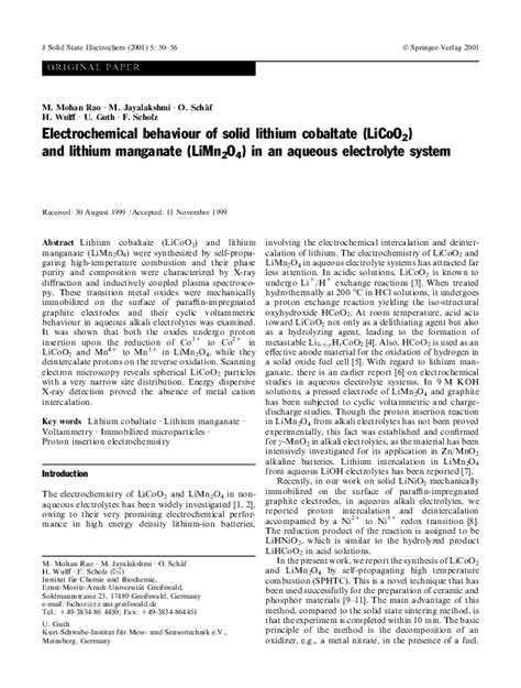 Pdf Electrochemical Behaviour Of Solid Lithium Cobaltate Licoo2 And Lithium Manganate