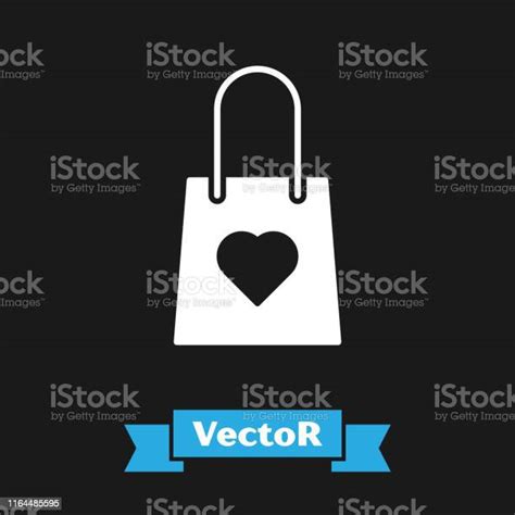 검은 색 배경에 고립 된 하트 아이콘이있는 흰색 쇼핑 백 쇼핑백 가게는 하트 아이콘처럼 사랑해요 발렌타인 데이 기호입니다 벡터 일러스트레이션 가방에 대한 스톡 벡터 아트 및