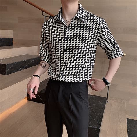夏季条纹七分袖衬衫男韩版修身商务短袖休闲发型师中袖男装衬衣潮 虎窝淘