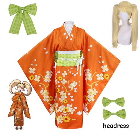 Danganronpa 2 Hiyoko Saionji Cosplay Costume Wig Orange Kimono Dress