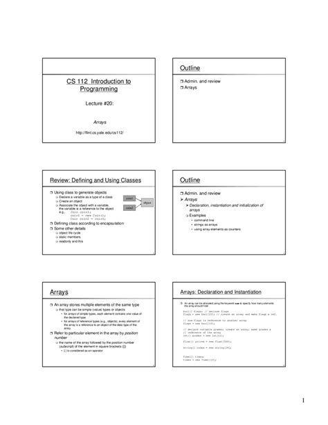 c arrays and classes defining using and manipulating simple values and objects slides c