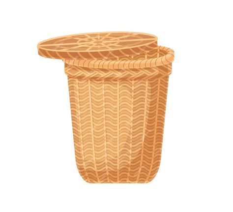 뚜껑이 있는 빈 세탁 바구니 등나무로 만든 덮개가 있는 키가 큰 고리버들 용기 흰색 배경에 고립 된 현대 자연 바구니 세공의 사실적인 평면 벡터 일러스트 레이 션